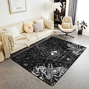 Erosebridal Sun and Moon Area Rug 3x5 for Bedside,Death Moth Carpet,Glitter Stars Indoor Floor Mat,Bohemian Hippie Nebula Celestial Accent Rug Set Botanical Plants for Bedroom Doorway Non Slip