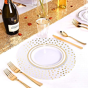 50 Pcs 14 Inch White and Gold Foil Paper Place Mats Golden Polka Dots Round Placemats Disposable Decorative Table Mats for Wedding Banquet Party Home Dining Table Decor