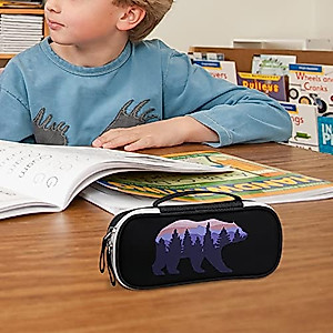 Bear Roaming The Forrest PU Leather Pencil Pen Case Organizer Travel Makeup Handbag Portable Stationery Bag