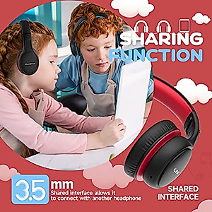 KLUGMIA Wired Kids Headphones, 85dB/94dB Volume Limited, Over Ear Headphones for Kids with in-line HD Mic, Audio Sharing, Foldable Kids Headphones Wired (Black red)