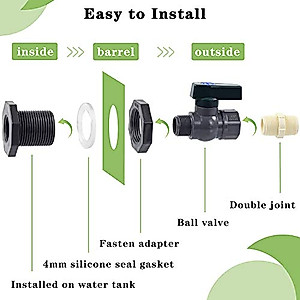 Rain Barrel Diverter Kit, Water Barrel Spigot 3/4 PVC Fittings Ball Valve with Hose Faucet Adapter for Water Tanks, Aquariums, Tubs, Pools, Garden Barrels