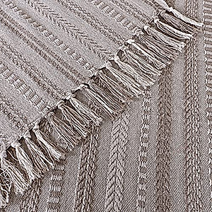 Farmhouse Throw Blanket Pure Cotton Woven Stripe Knitted Blankets Soft and Cozy with Decorative Tassel for Chair, Couch and Picnic Throws - Brown - 50 x 60 Inches