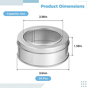 20 Pcs Metal Tin Cans 4 OZ Round Containers with Clear Tops, Empty Food Storage Containers for Storing Candles, Candies, Tea, Silver Tin Cans for Kitchen, Office, Travel