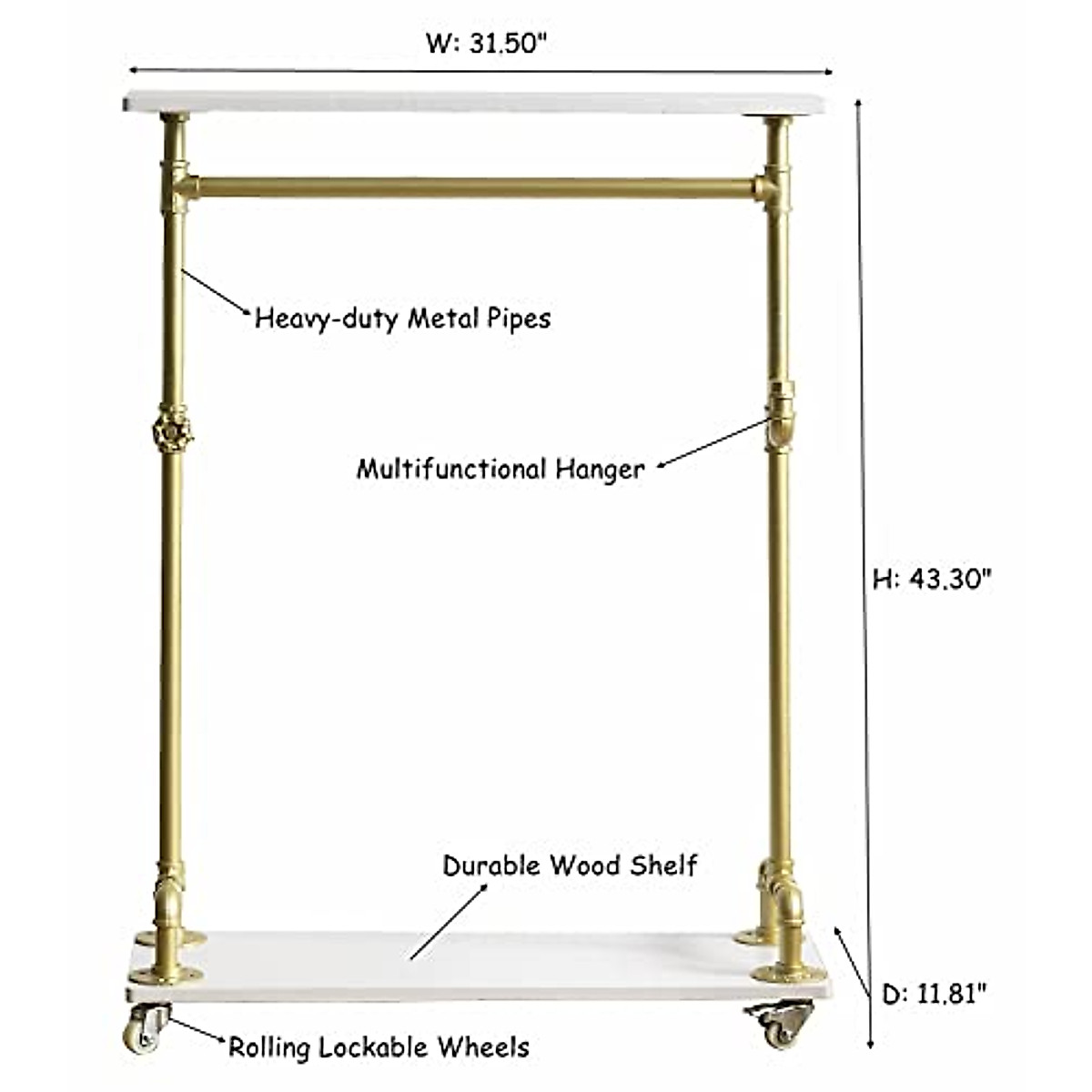 Child Clothes Rack, Kids Garment Rack Dress-up Closet, Rolling Pipe Open Clothing Rack with Storage Shelf, Industrial Wood Metal Clothes Organizer (two tiers one hanging rod kids garment rack)