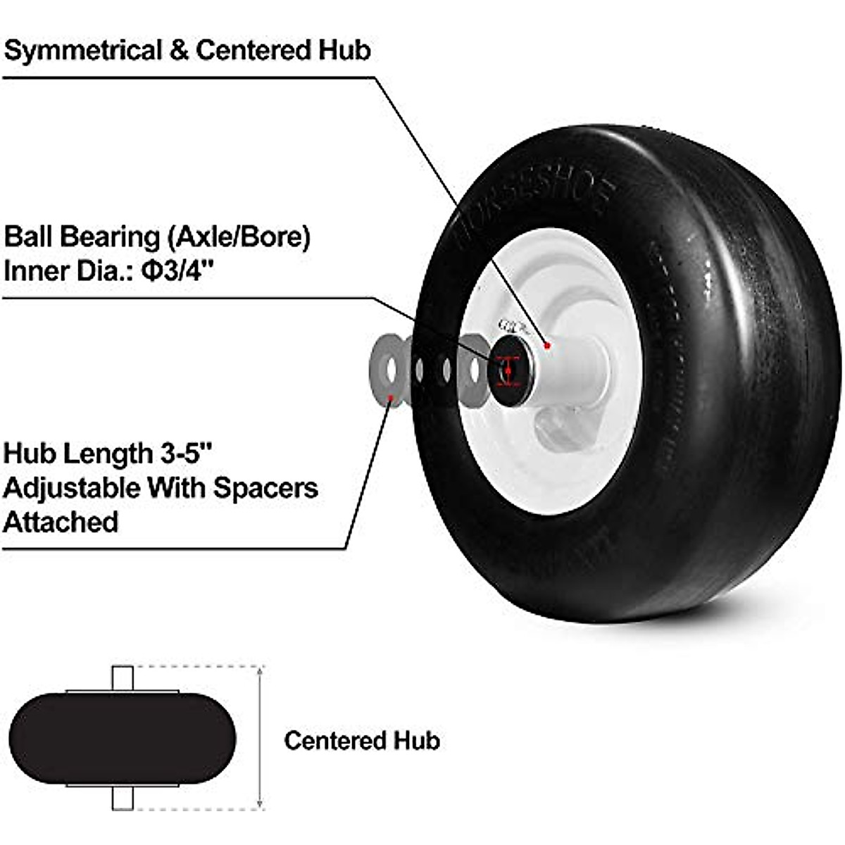 N12 2 New HORSESHOE 11x4.00-5 Flat Free Smooth Tires w/Steel Rim for Zero Turn Lawn Mower Garden Tractor - Hub length 3inch-5inch with 3/4inch OD Axle Shaft 114005 T161