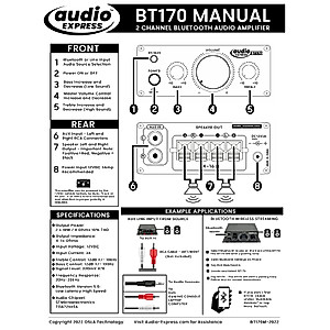 Audio Express BT170 Mini 40 Watt Digital Bluetooth Audio Amplifier Includes 12VDC Power Supply