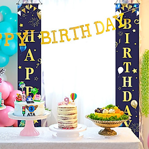 Frienda Happy Birthday Door Banner Navy Blue and Gold Birthday Decorations Birthday Backdrop for Men Boy Happy Birthday Porch Sign Party Supplies for 15th 18th Birthday Decor