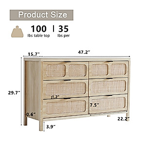 QEIUZON 6 Drawer Dresser, Modern Rattan Dresser Chest with Wide Drawers and Metal Handles, Farmhouse Wood Storage Chest of Drawers for Bedroom, Living Room, Hallway, Entryway (Natural-6 Drawers)