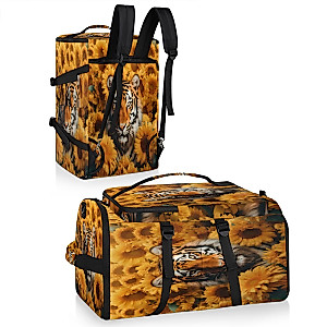 Animal Tiger in Sunflowers（02） Gym Duffle Bag for Traveling Sports Tote Gym Bag with Shoes Compartment Water-resistant Workout Bag Weekender Bag Backpack for Men Women