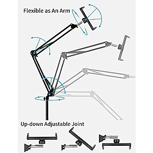 Tablet Floor Stand with Double Weight Base, Overhead Bed Phone Mount Height Adjustable Arm Stretchable Stand Holder, Compatible with iPad Mini Air Pro, Galaxy Tab, Kindle, Switch, Cell Phones-Black