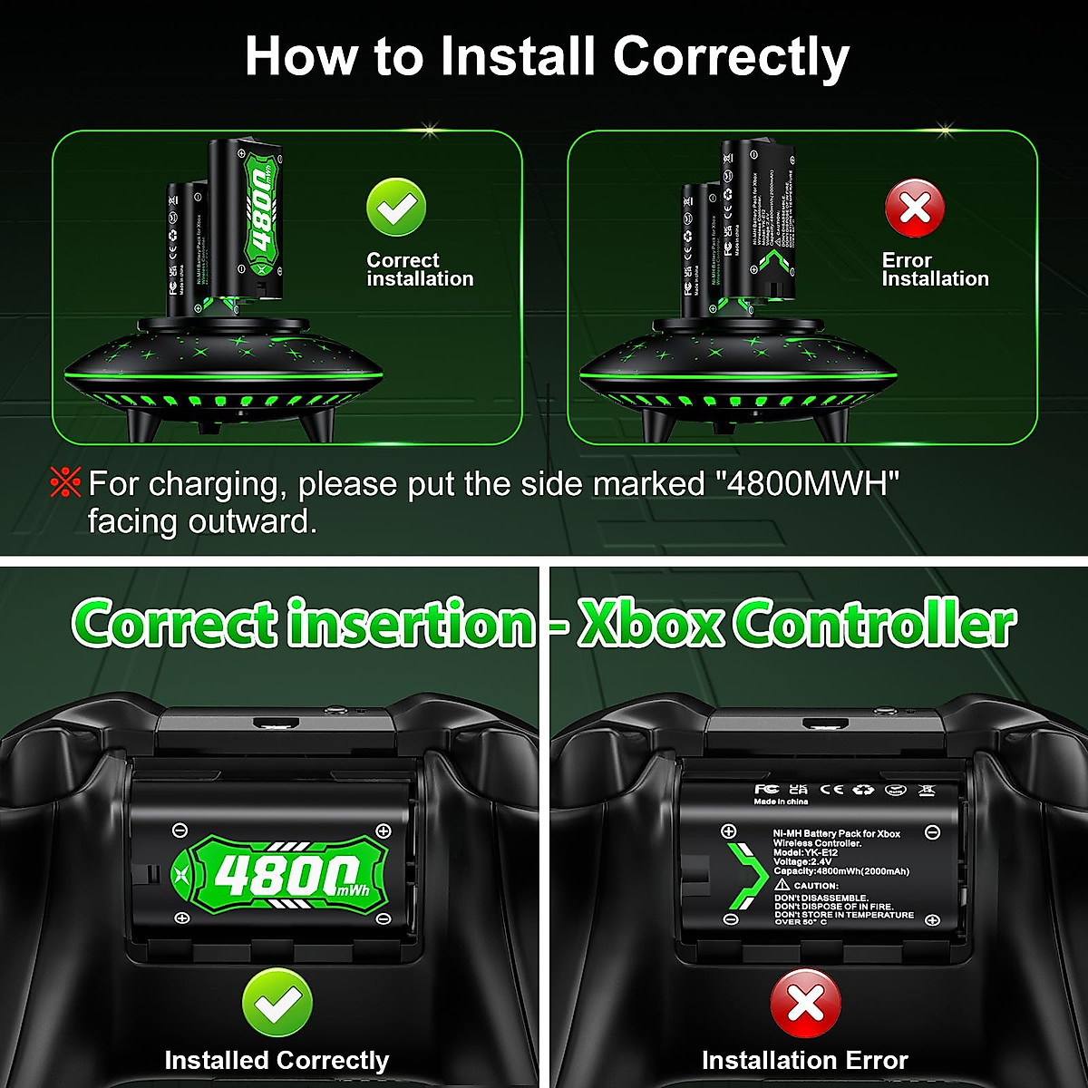Feirsh Upgraded Rechargeable Battery Pack for Xbox Controller,2x4800mWh Xbox Rechargeable Battery Pack W/RGB Charger Station,Rechargeable Battery Pack for Xbox Series X|S,Xbox One S/X/Elite
