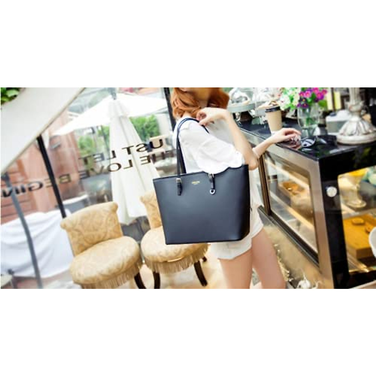 Women's shoulder bag, large capacity vertical zipper open tote bag, women's handbag (Black)