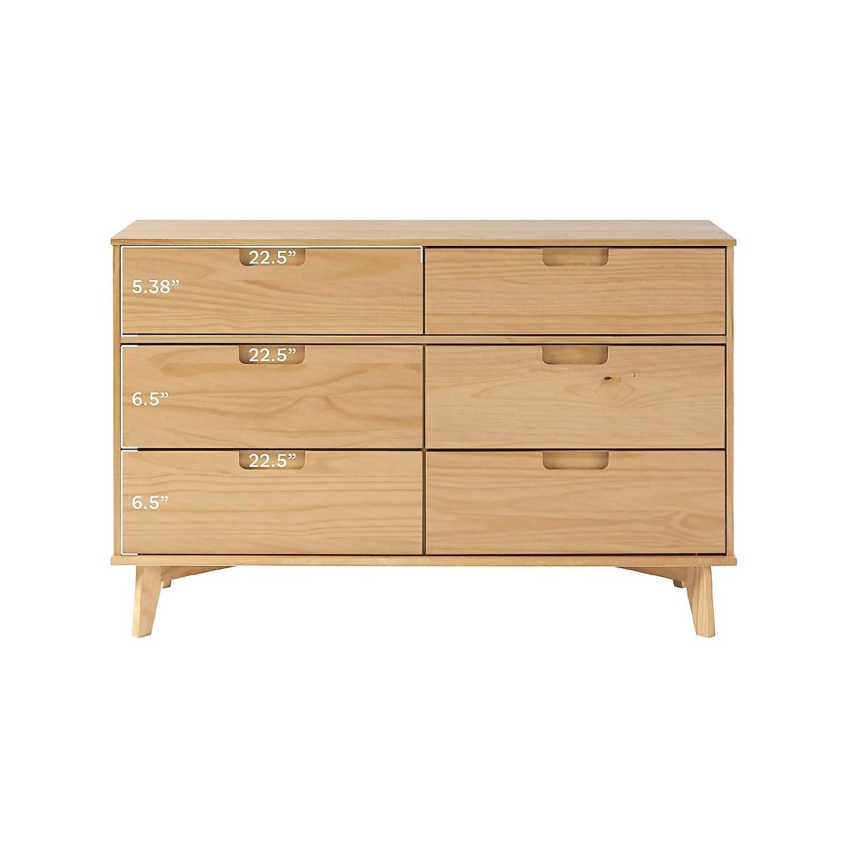 Walker Edison Mid-Century Modern Grooved Handle Wood 6-Drawer Dresser, 52 Inch, Natural Pine