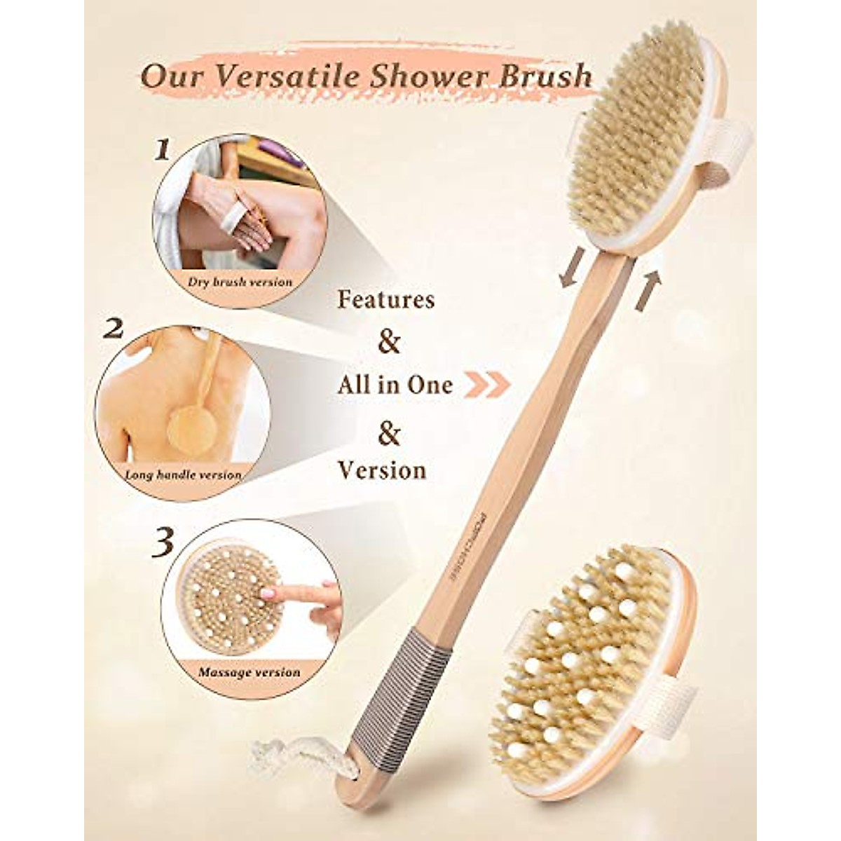 Shower Brush, POPCHOSE Detachable Dry Brushing Body Brush for Body Cellulite and Lymphatic, Back Scrubber for Shower Long Handle Natural Bristle Exfoliator Scrubber, Dual Brush Heads for Women & Man