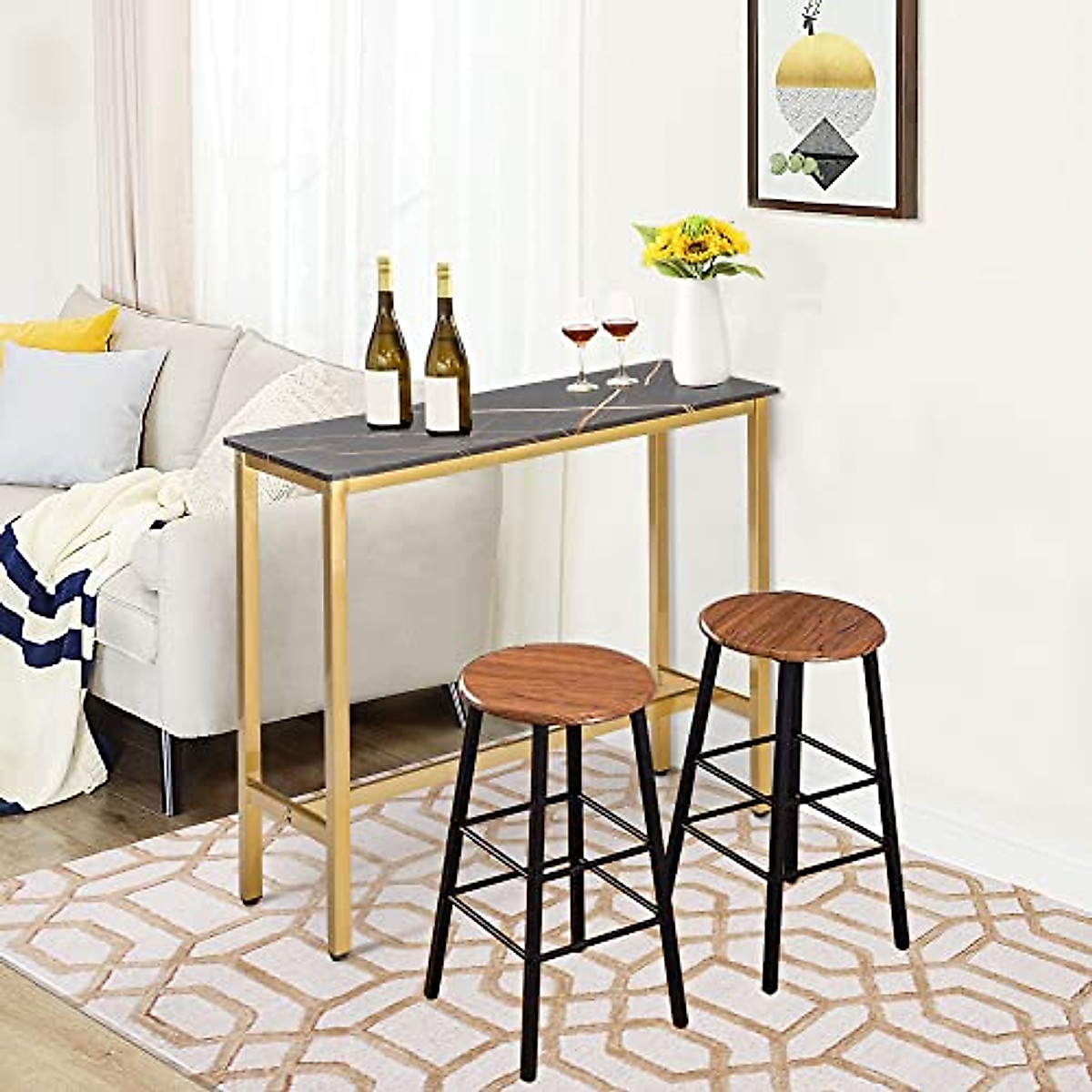 Aklaus 40" Bar Table,Rectangular Industrial Bar Height Table with Sturdy Gold Metal Frame Black Faux Marble Top,Pub Table High Top Dining Table Console Table for Dining Room Living Room Entryway