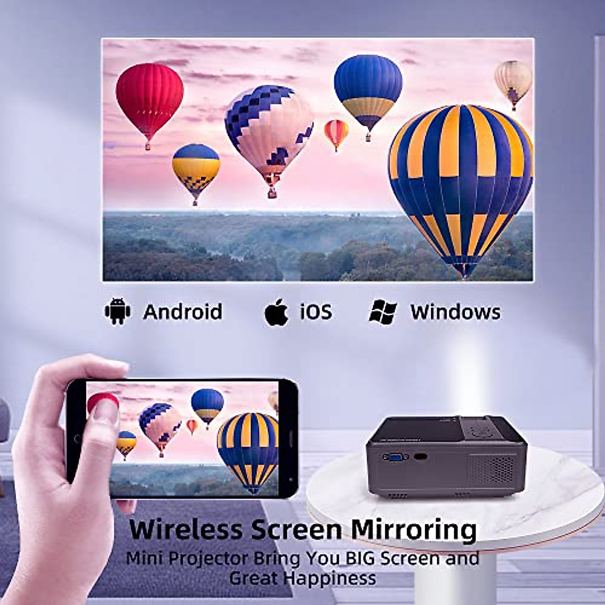 Portable Mini Projector with WiFi & Bluetooth, Full HD 1080P Supported Outdoor Movie Projector Wireless Phone Mirroring, Smart Home Android Projector Digital Zoom for HDMI,USB,Laptop,PC,TV Stick,DVD