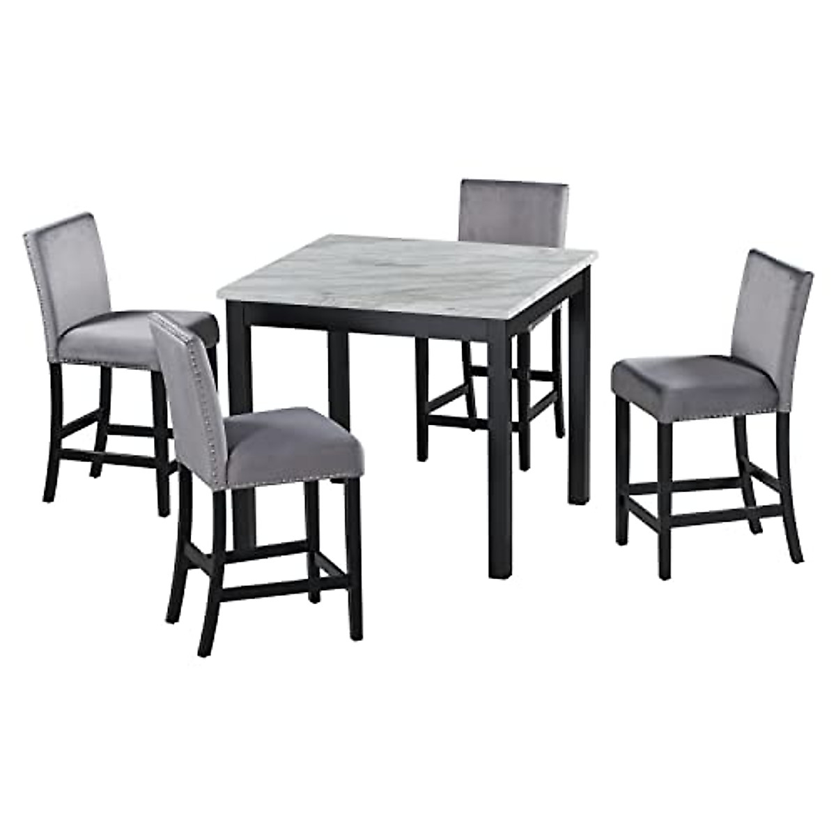 Dinehome 5-Piece Counter Height Dining Set, Square Faux Marble Table with 4 Upholstered Chairs for Small Family Kitchen Living Room Furniture, Gray