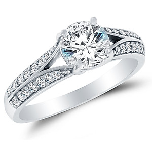 Size 8 - Solid 14k White Gold CZ Cubic Zirconia Engagement Ring - Round Brilliant Cut Solitaire with Round Side Stones (1.5cttw., 1.0ct. Center)