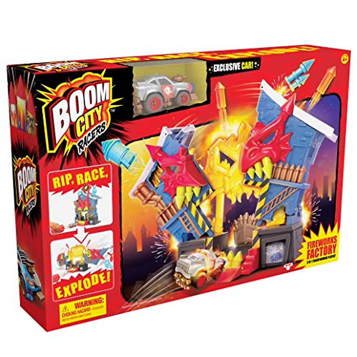 Boom City Racers - Fireworks Factory - 3 in 1 Transforming Playset - Rip, Race, Explode | Includes Exclusive Collectible Car - Thrilling Fun, Engaging Play