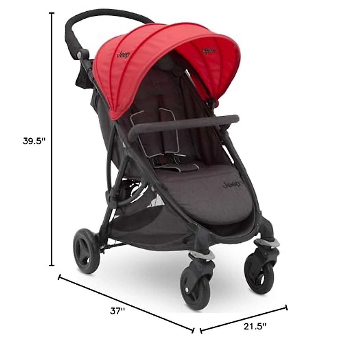 Jeep Gemini Stroller by Delta Children - Full of Features: Easy One-Hand Fold, Recline, Lightweight, Oversized Canopy, 2 Cup Holders, Shock Absorbing Frame, Grey Tweed with Red