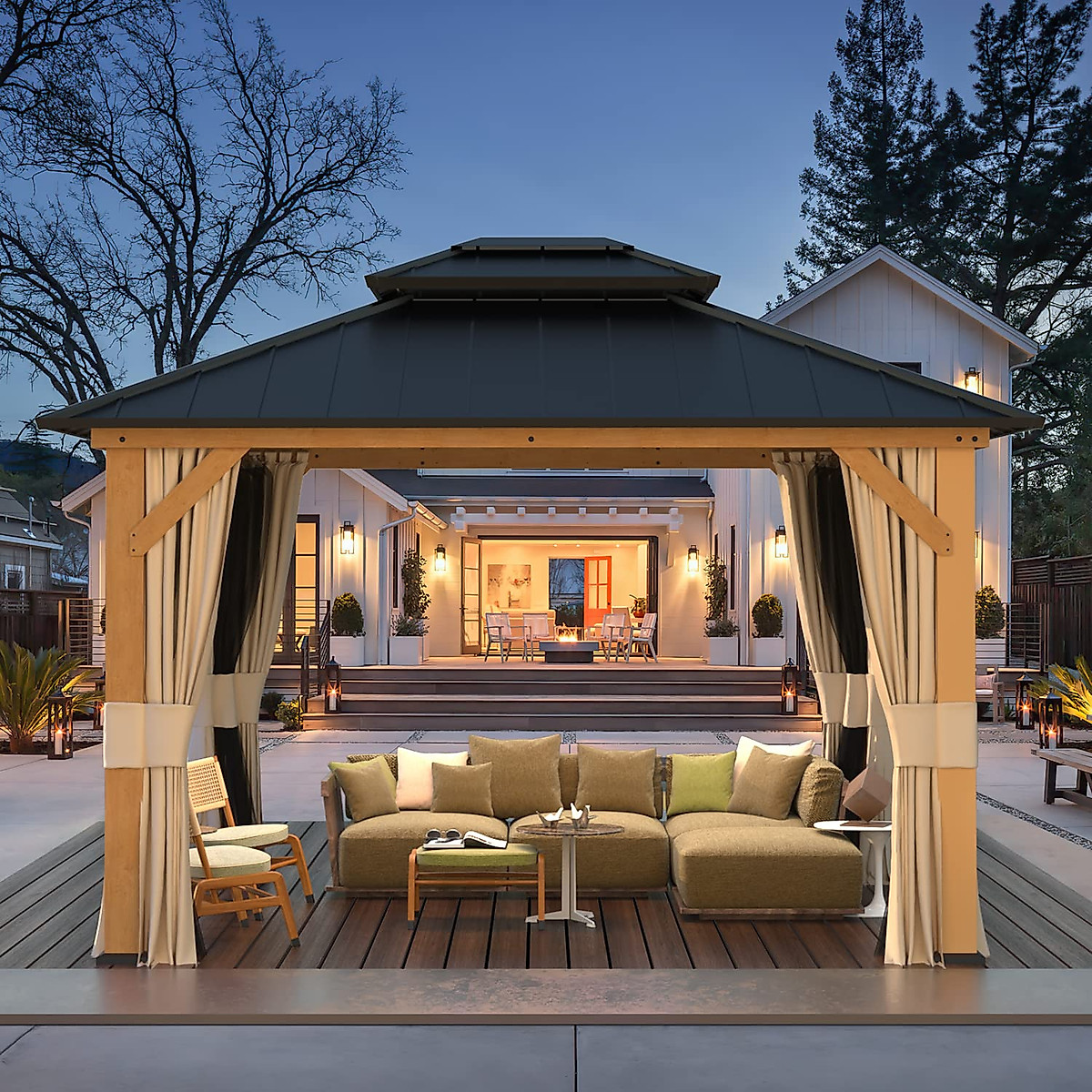 MELLCOM 11'x13' Wood Gazebo, Outdoor Hardtop Cedar Wooden Frame Gazebos with Galvanized Steel Double Roof, Includeds Curtains and Nettings for Patio, Garden and Backyard