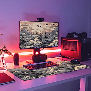 Japanese Sea Waves Large Gaming Mouse Pad,XL Mouse Pad Gaming Mouse Mat Desk Pad,31.5 x 11.8in Desk Mat Anime Mouse Pads for Desk,Extended Keyboard Pad Mousepad with Non-Slip Base and Stitched Edge