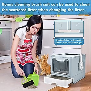 Homagico Foldable Cat Litter Box, Extra Large Front Entry Top Exit Litter Box with Lid, Drawer Type Enclosed Kitty Litter Box with Litter Scoop, Anti-Splashing Cat Toilet Easy Cleaning （Blue）
