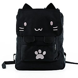 DemonChest Black College Cute Cat Embroidery Canvas School Backpack Bags for Kids Kitty(Pink)
