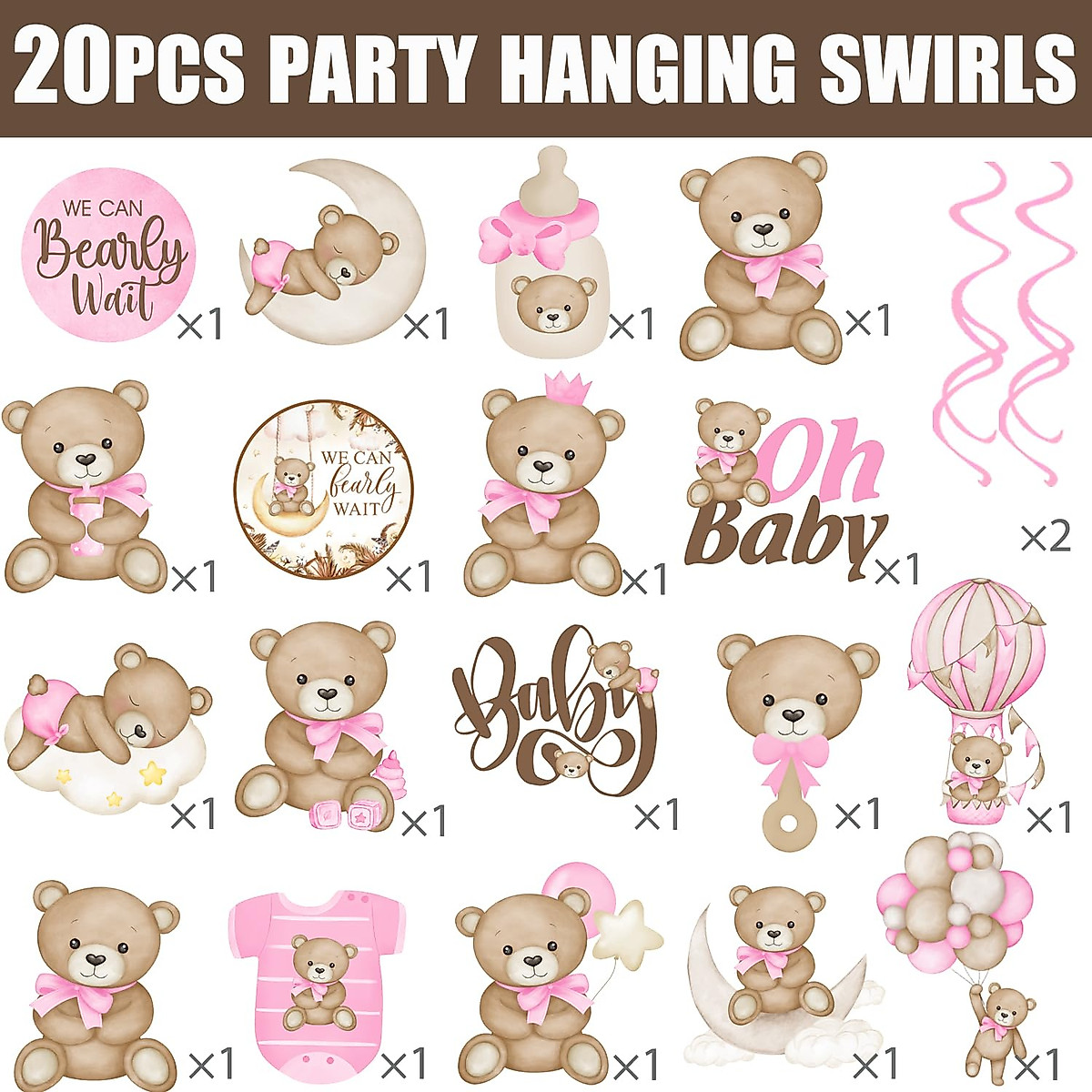 Bear Baby Shower Party Hanging Swirls We Can Bearly Wait Ceiling Streamers Bear Baby Shower Decorations 20Pcs We Can Bearly Wait Baby Shower Hanging Decorations for Girls Bear Birthday Party Supplies