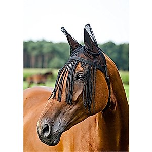 HORZE Lightweight Protection Mesh Veil Insect and Fly Bonnet with Polyester Fringe and Mesh Ear Covers - Black - Horse