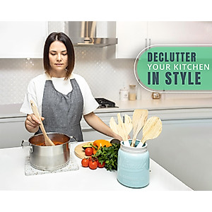 Comfify Wide Mouth Mason Jar Utensil Holder Decorative Kitchenware Organizer Crock, Chip Resistant Ceramic, Dishwasher Safe - Kitchen Caddy Aqua Blue for Countertop, Large Size 7" High