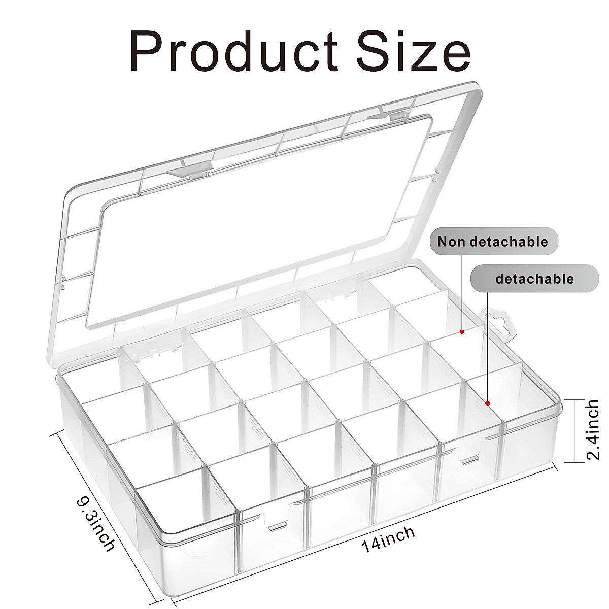 LZLMQSSA Large 24 Grids Plastic Organizer Box Adjustable Dividers,Clear Storage Box for Jewelry, Art DIY Crafts, Fishing Tackles, Beads and Small Parts(2 Pack)