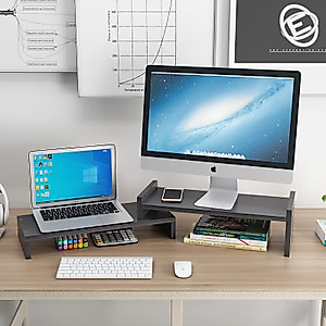 hodiczk Dual Monitor Stand Riser with Adjustable Length and Angle, Double Monitor Riser, Wood Desktop Storage Rack Organizer for Home Office living room, Black