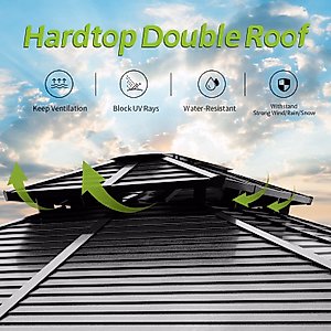 Aoxun 10'x12' Hardtop Gazebo, Outdoor Galvanized Double Roof Gazebo with Aluminum Frame Permanent Pavilion and Curtains & Netting for Backyard, Patio, Deck, Parties (Brown)