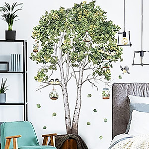 WAFT YEARN Vinyl Removable Birch Tree Bird Green Plants Leaves Leaf Wall Decal Wall Stickers for Nursery School Classroom Bedroom Bathroom Boys Girls Room Playroom Office 28.3 Inch by 40.1 Inch
