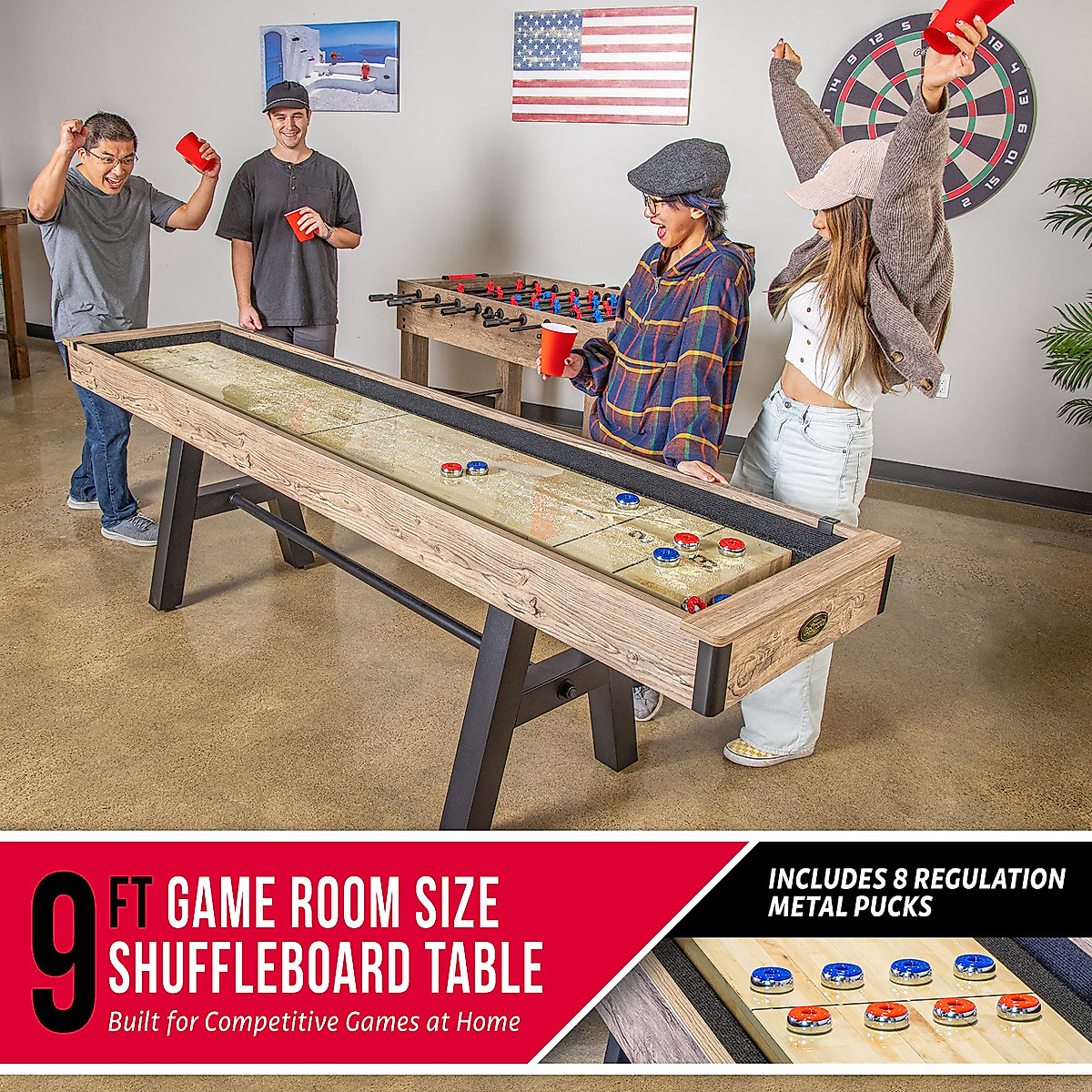 GoSports Premium 9 ft Shuffleboard Table with 8 Pucks, Shuffleboard Wax, and Brush