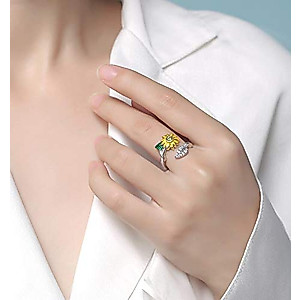 Hewayiu You are My Sunshine Sunflower Enameled CZ Heart Stainless Steel Ring Promise Eternity Band Cocktail Party Rings Adjustable Size 5-10