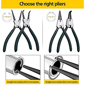 LFSEMINI Snap Ring Pliers Set, 4pcs 7" Internal/External Circlip Pliers Kit with Straight/Bent Jaw, Heavy Duty Precision Spring Loaded Pliers for Ring Remover Retaining and Remove Hoses, Gaskets