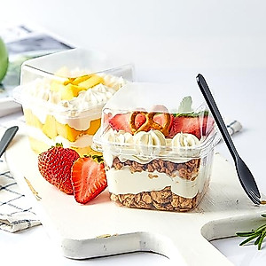 Zezzxu 50 Pack 8 oz Plastic Parfait Cups with Lids and Sporks, Square Dessert Cups with Spoons Cake Containers for Pudding, Yogurt Fruit, Mousse, Trifle and Ice Cream