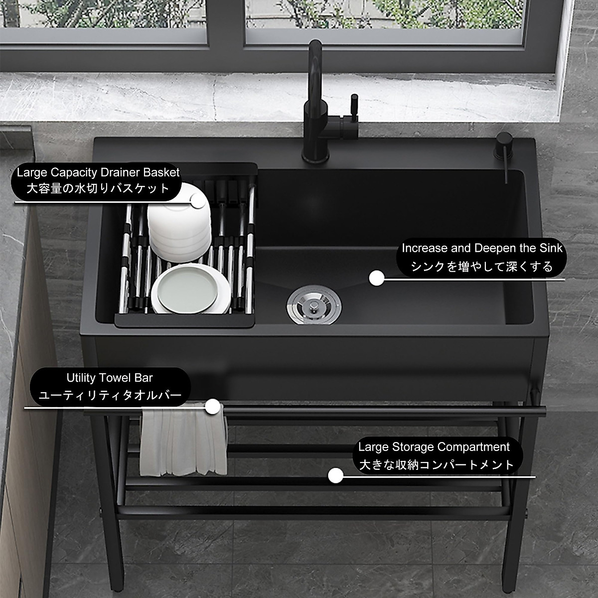 Black Stainless Steel Utility Sink Outdoor Kitchen Sink Station Laundry Sink Portable Sink Garage Sink Commercial Free Standing Sink with Hot&Cold Faucet Combo with Strainer Soap Dispenser Bracket ( C