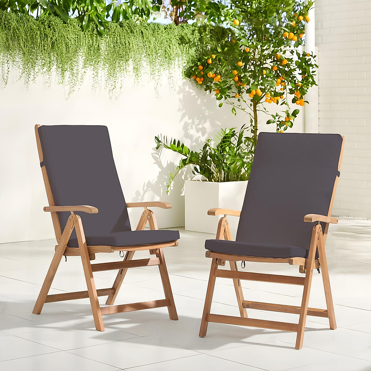 OC Orange-Casual Folding Patio Dining Chair Set of 4, Outdoor Acacia Wooden Reclining Chair w/Armrest & Removeable Cushion, FSC Certified Wood, for Porch, Backyard, Garden, Indoor, Dark Grey