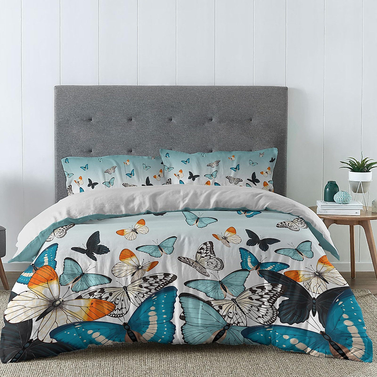 ALAGEO Butterfly Colorful Floral Duvet Cover Sets Country Style Bedding Sets 3 Pcs Soft Comforter Cover Set Including 1 Quilt Cover 2 Pillow Cases, King Size Comforter Cover Set with Zipper Closure