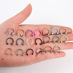 Sanfenly 20Pcs 16G Surgical Steel Horseshoe Nose Septum Rings Piercing Jewelry Cartilage Helix Tragus Daith Earring Hoop Lip Horseshoe Piercing for Women Men 8mm 10mm