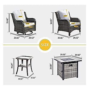 HOOOWOOO Outdoor Patio Furniture Set with Fire Pit Table,6 Pieces Outdoor Conversation Set with Swivel Rocking Chair,Firepit Table and Side Table,High Back Wicker Chairs Patio Set,Gray