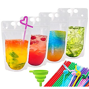 100 PCS Drink Pouches for Adults, Reusable Drink Pouches with 100 Straws Funnel, Heavy Duty Stand-up Juice Pouches Plastic Smoothie Drink Bags for Cold Hot Drinks