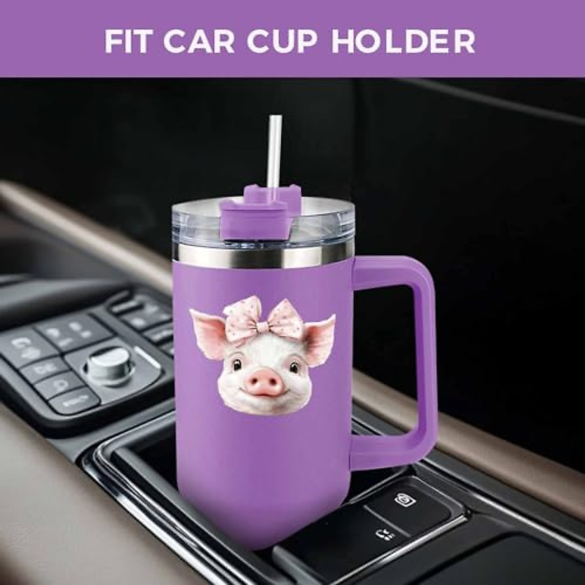 LB LEOBON 40 ounce insulated cup with handle, double-layer vacuum stainless steel material, equipped with straw, can keep warm or maintain cold drinks Pink Piggy Bow Deep purple