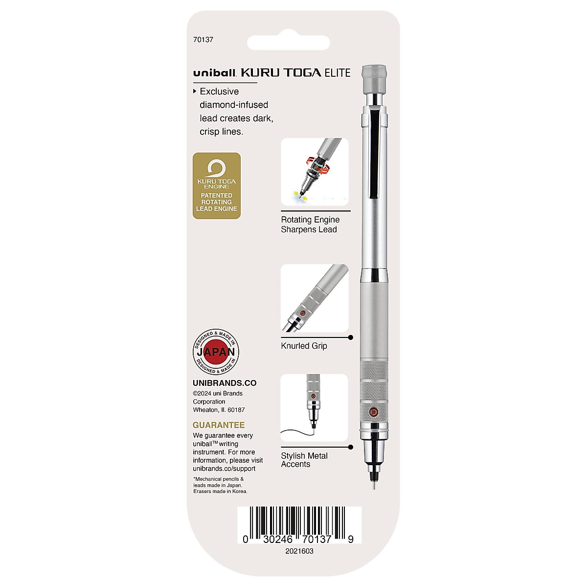 uni-ball Kuru Toga Elite Mechanical Pencil Starter Kit with Silver Barrel and 0.5mm Tip, 60 Lead Refills, and 5 Pencil Eraser Refills, HB #2