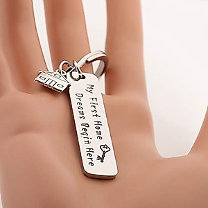 FEELMEM New Home Keychain My First Home Dreams Begin Here Keychain First Home Gift Realtor Gift Key Chain Housewarming Gift for New Home Owner (silver)