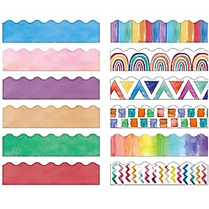 240 Pcs 236 ft Bulletin Board Borders Rainbow Fall Winter Christmas Map Colorful Scalloped Border Trim Bulk Bulletin Border Decor Classroom Borders for Blackboard Chalkboard School (Watercolor Style)