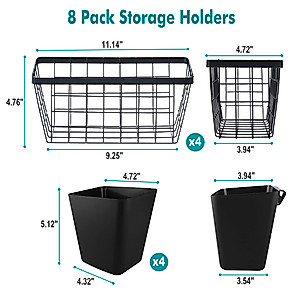 LIGHT DUST Wall Hanging Baskets - 8 Set Black Baskets & Cups Wire Basket Metal Wall Organizer Bins for Kitchen Pantry Cabinet Bathroom Shower Door RV [Included Adhesive Hooks & Wall Mounted Screws]